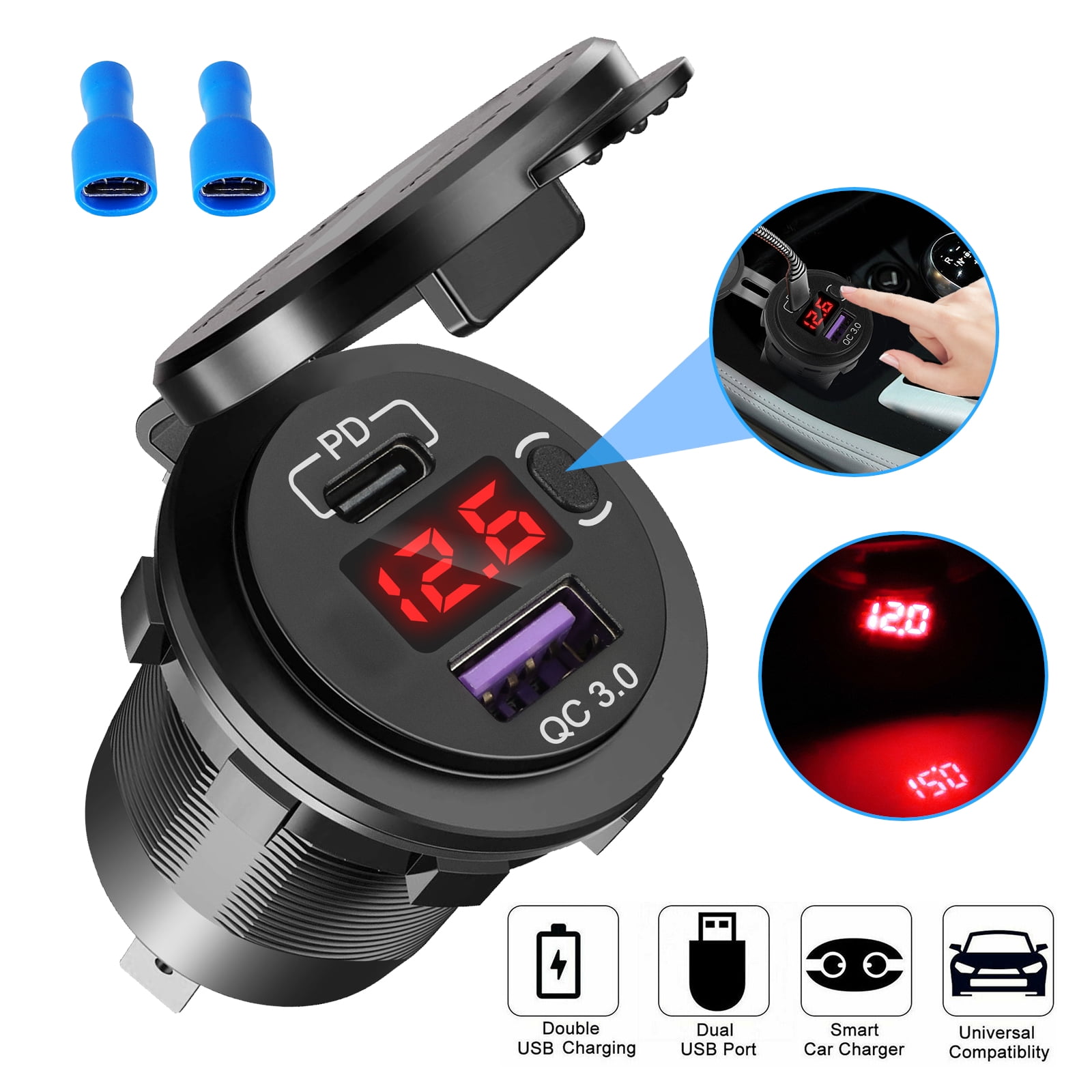 LoYaa 12V QC3.0 Dual USB Car Fast Charger Socket Power Outlet LED ...