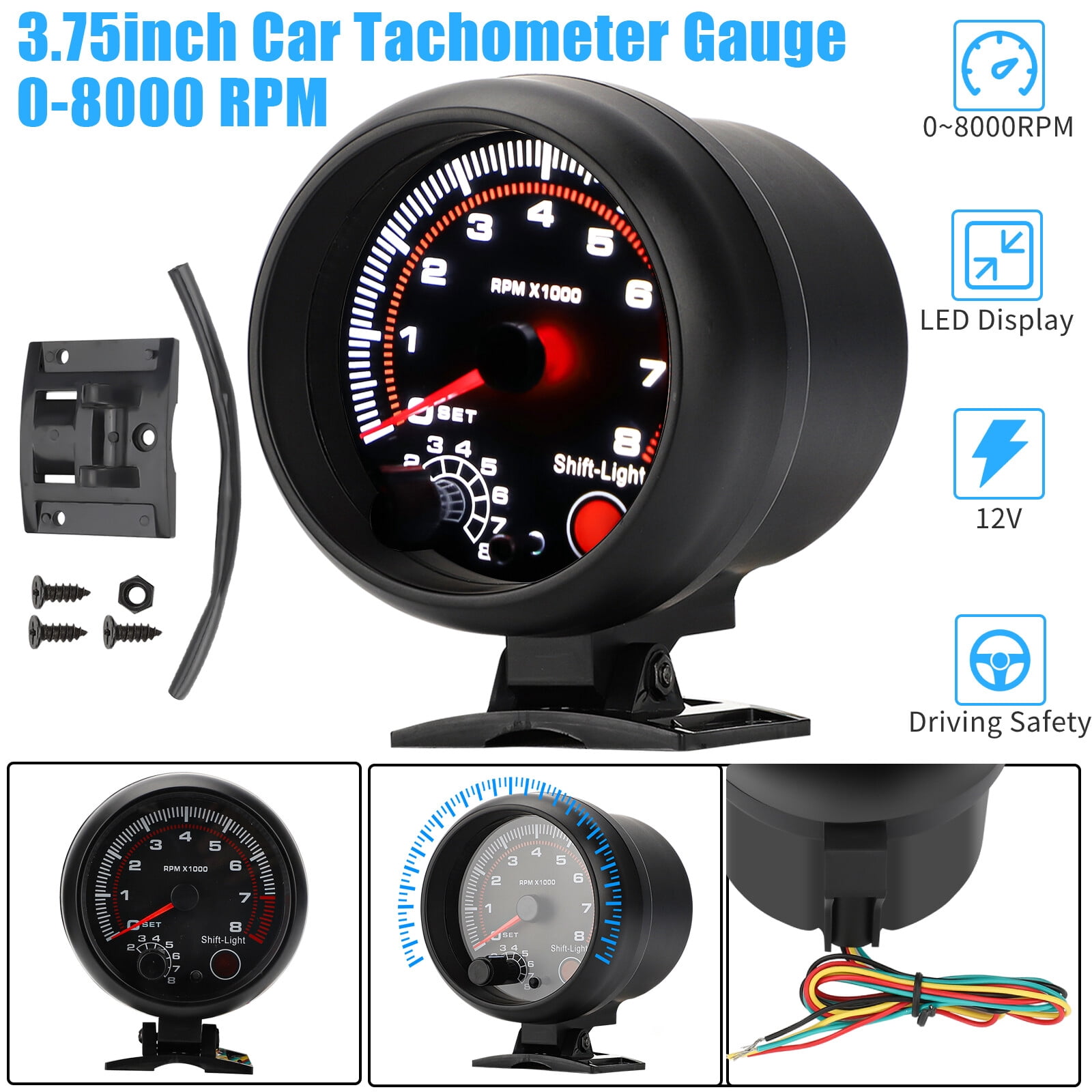 LoYaa 3.75" 12V Car Tachometer Gauge Meter 0-8000 RPM With LED Shift ...