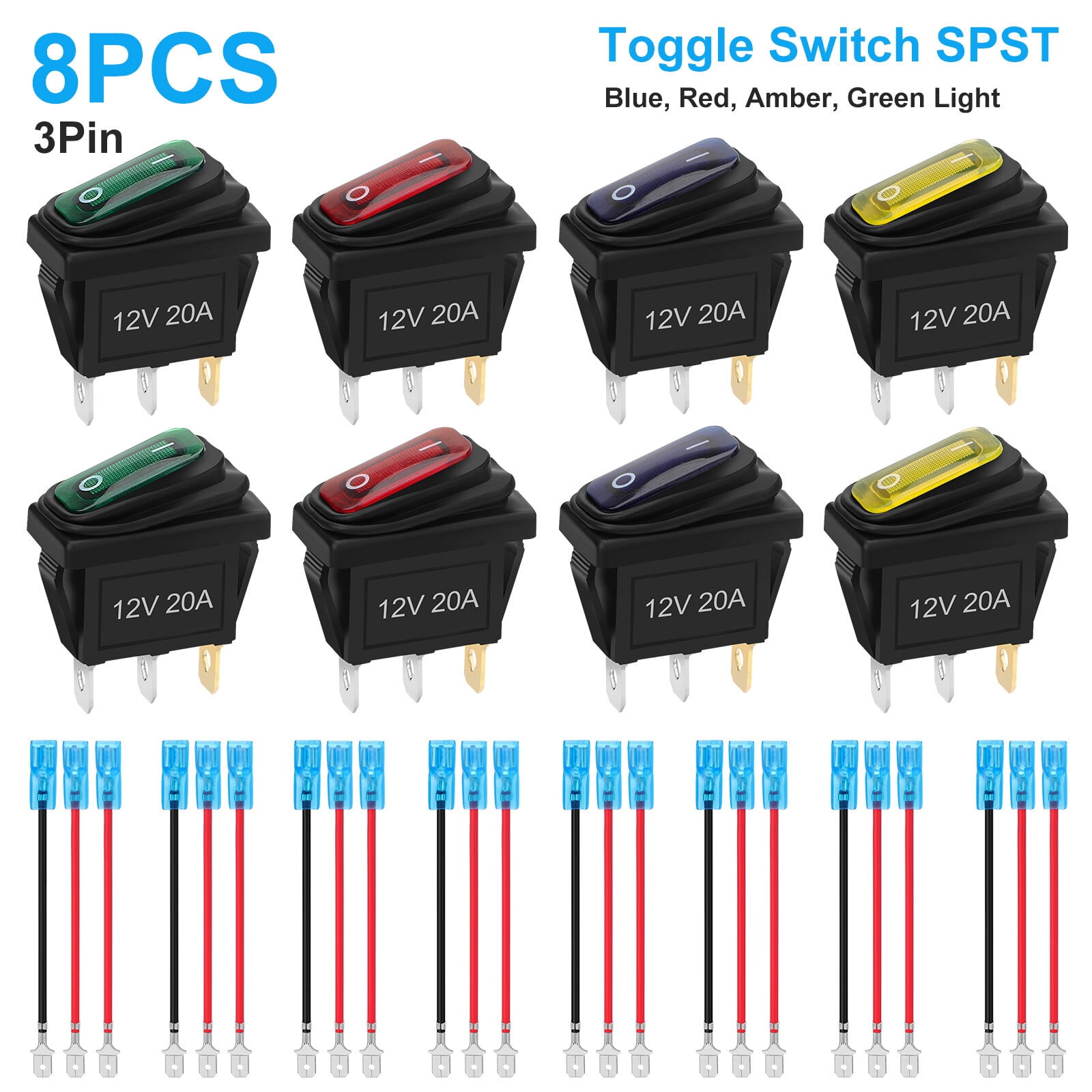 LoYaa 8pcs Waterproof Rocker Toggle Switch 12V 3 Pin LED Lighted ON/Off ...