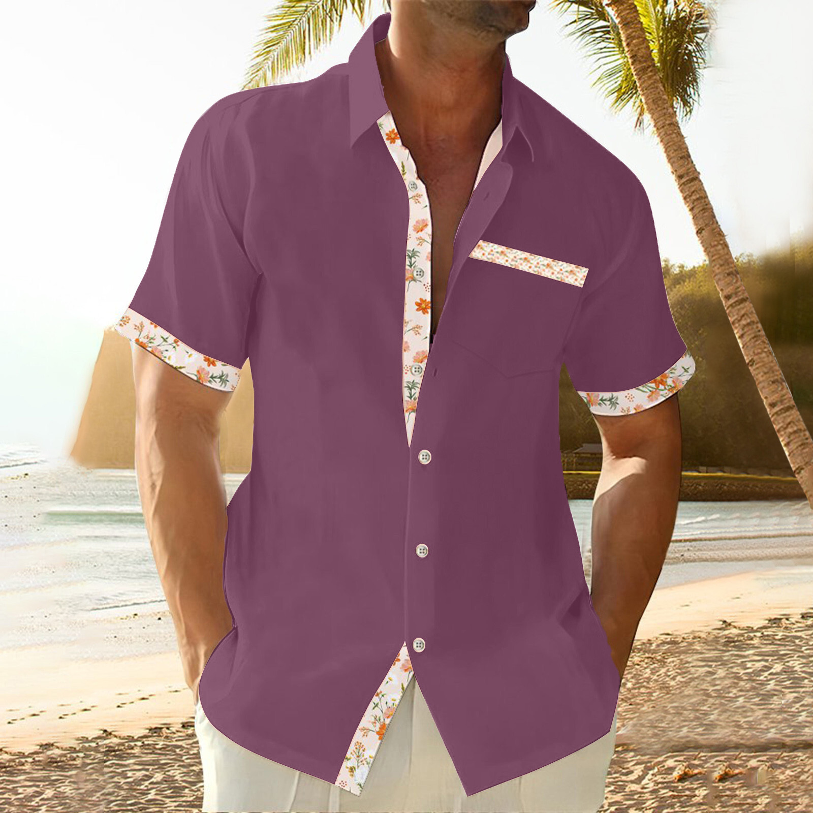 LoYaa Men's Short Sleeve Plaid Patchwork Shirt Casual Summer Beach ...