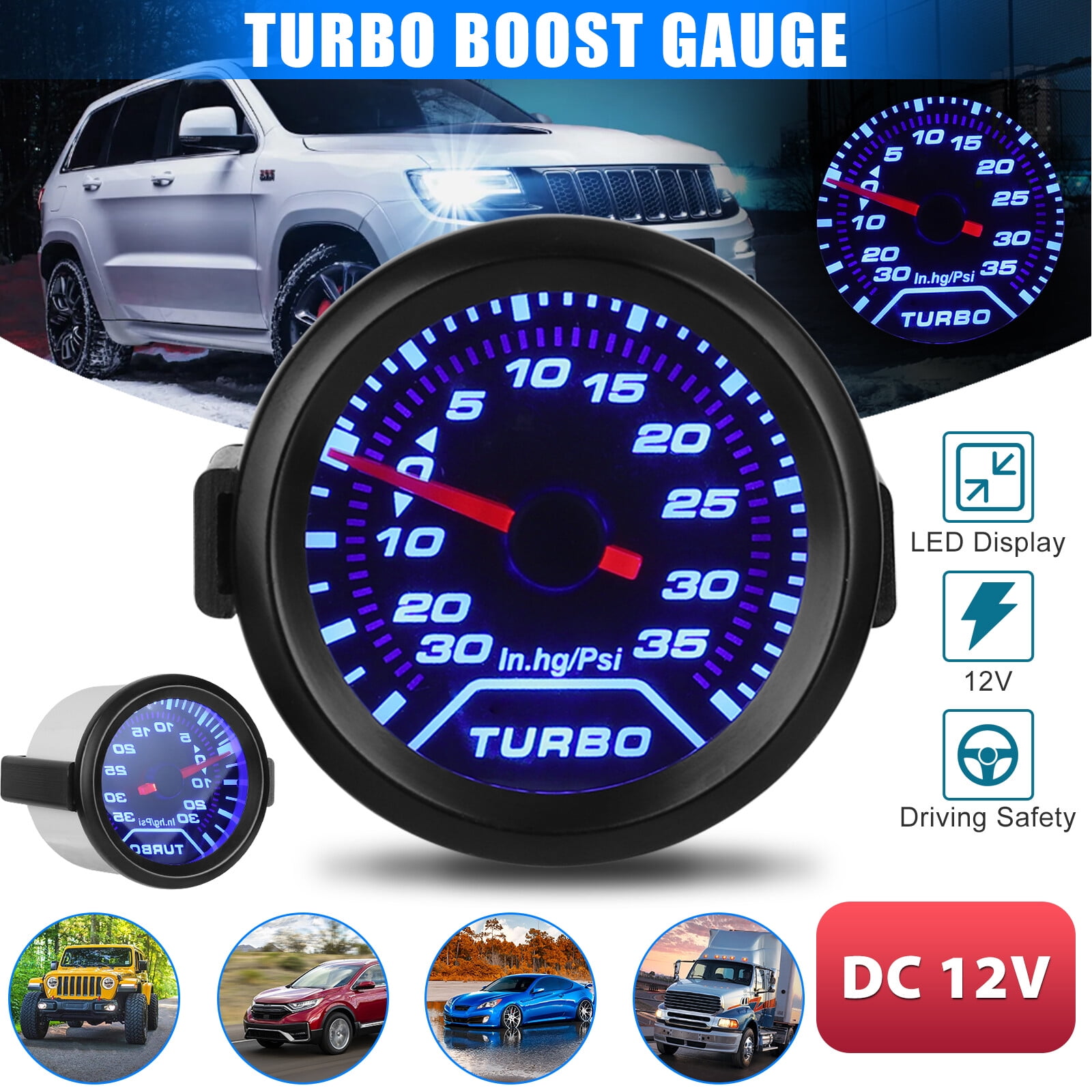 LoYaa Universal 2" 52mm Car LED Boost Gauge Pressure Turbo Meter Smoked ...