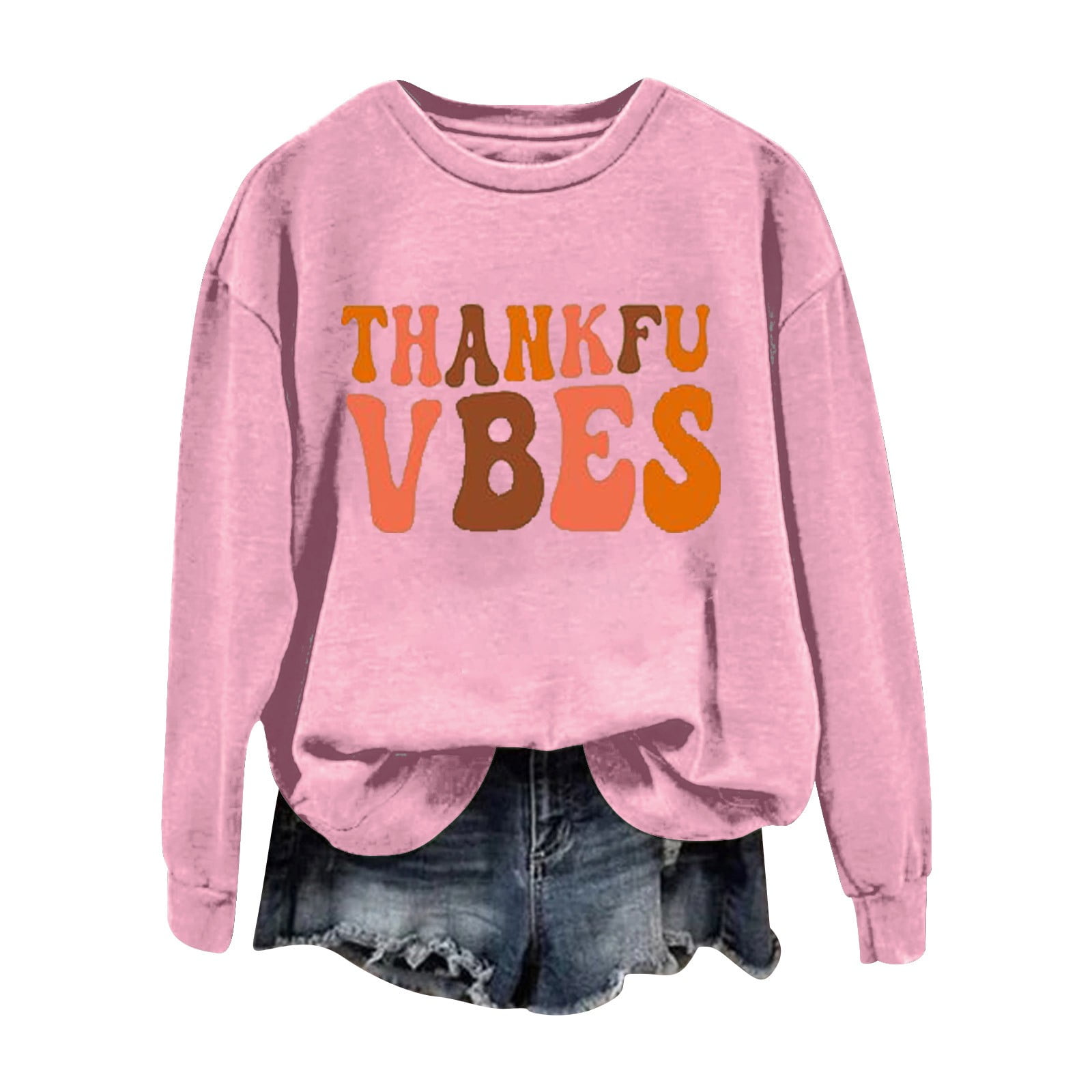 Loasebue Thankfu Vbes Womens Letter Print Crew Neck Long Sleeve Top