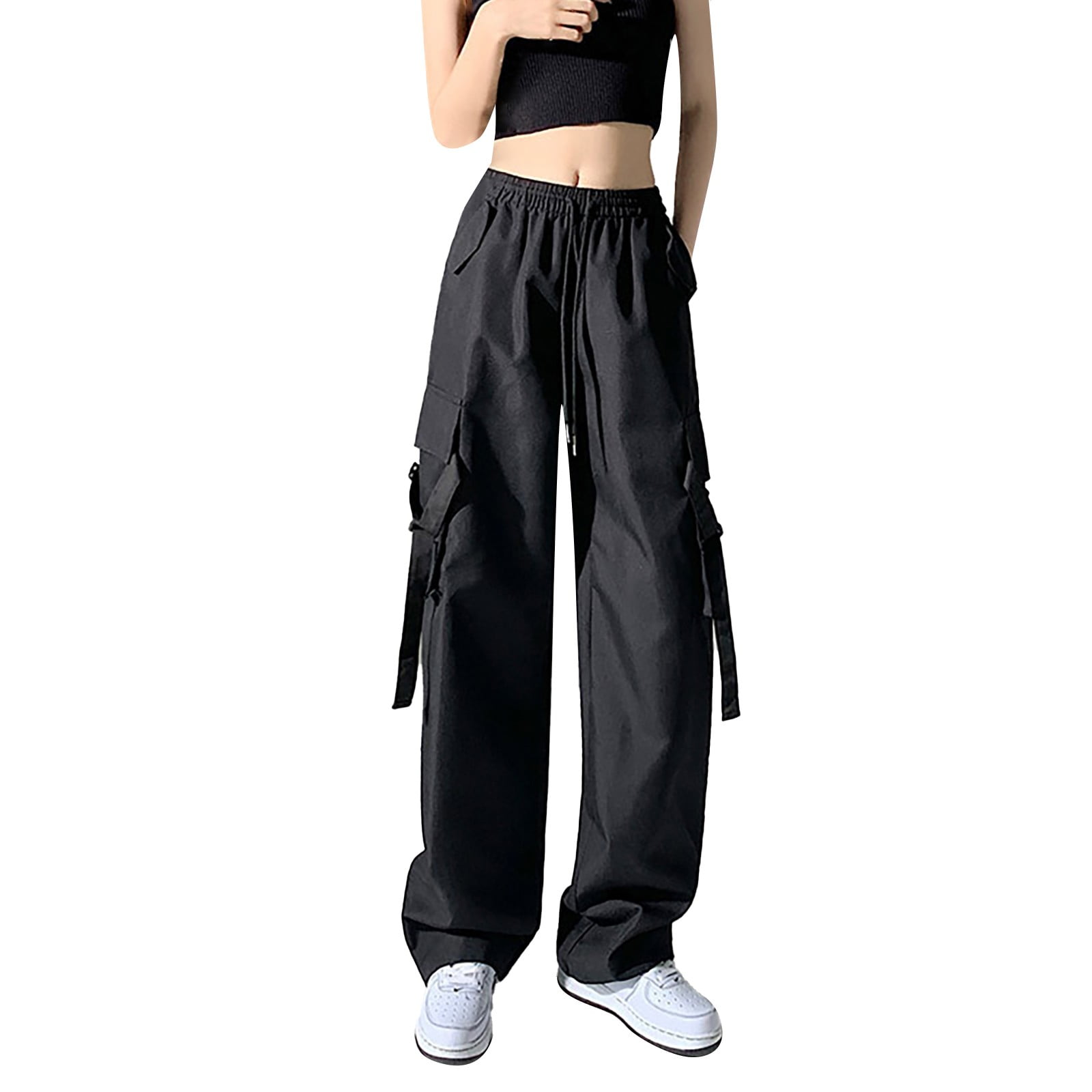 Loasebue Women Fashion Streetwear Pockets Wide Leg High Waist Straight