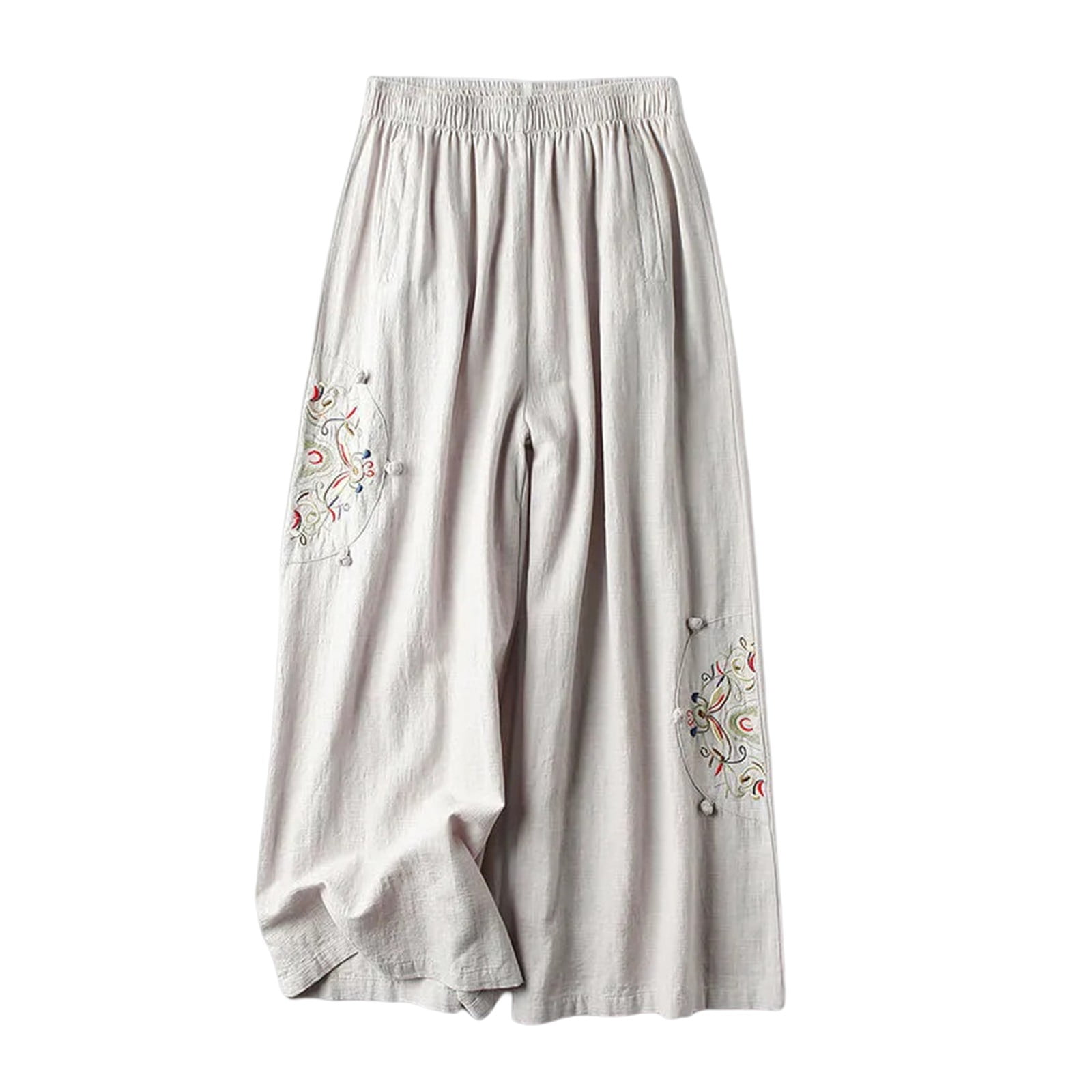 Loasebue Women S Culottes Linen Blend Wide Leg Pants Elastic Waist