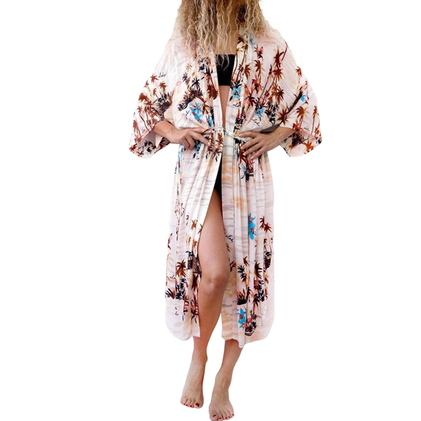 Loasebue Women Summer Long Flowy Kimono Cardigans Boho Chiffon Floral