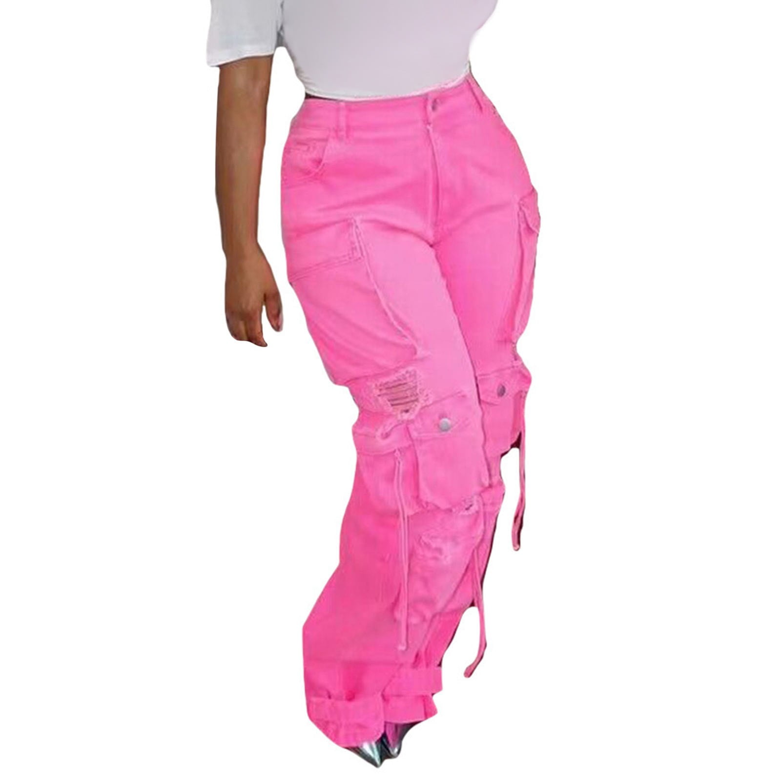 Loasebue Womens Cargo Pants High Waist Baggy Jeans Pocket Loose Denim