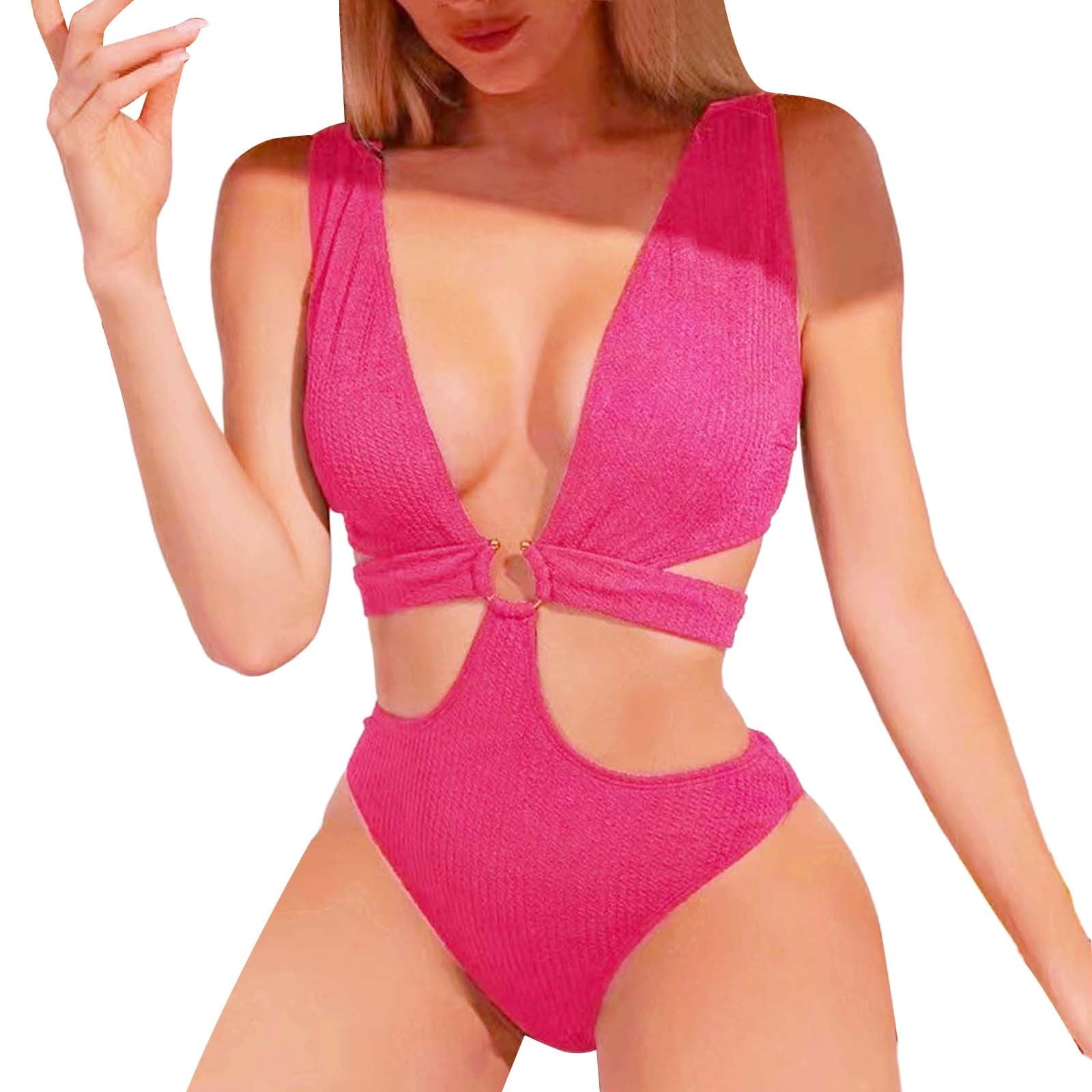 Loasebue Womens Cut Out Ring Linked 1 Piece Swimsuit V Neck Monokini