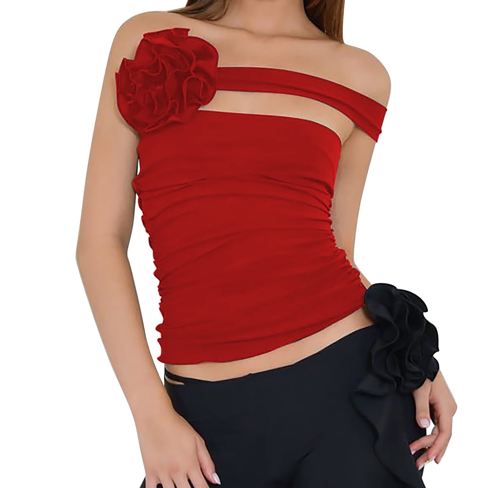 Loasebue Womens Off Shoulder Floral Print Slim Fit Casual Top Red S