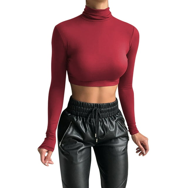 Loasebue Womens Solid Color Short Cropped Navel Long Sleeved High Neck