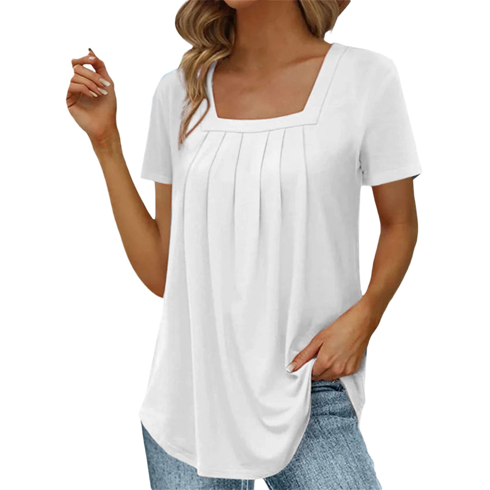 Loasebue Womens Summer Tank Loose Fit Pleated Square Neck Sleeveless