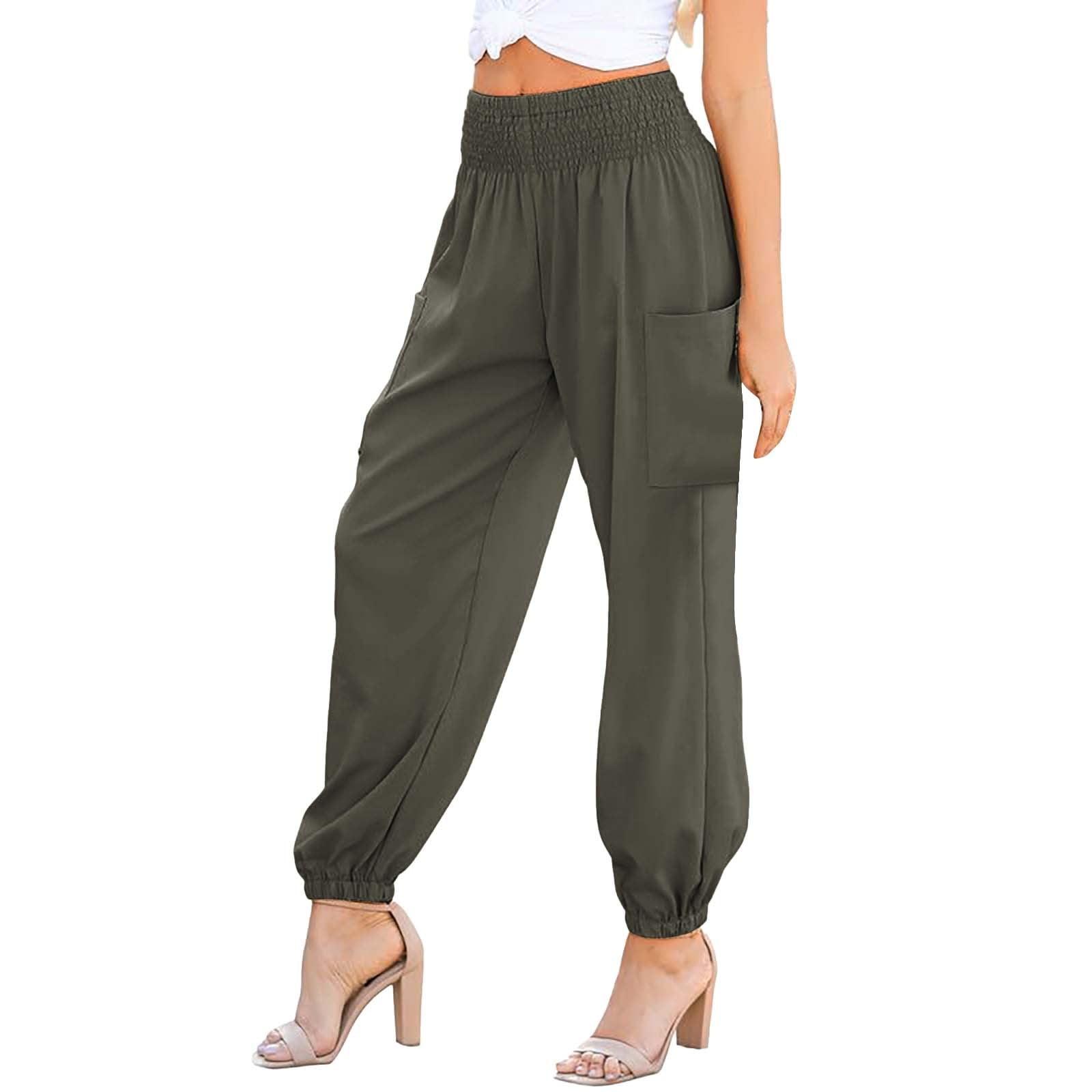 Loasebue Womens Summer Boho Business Casual Smocked High Waisted Cargo