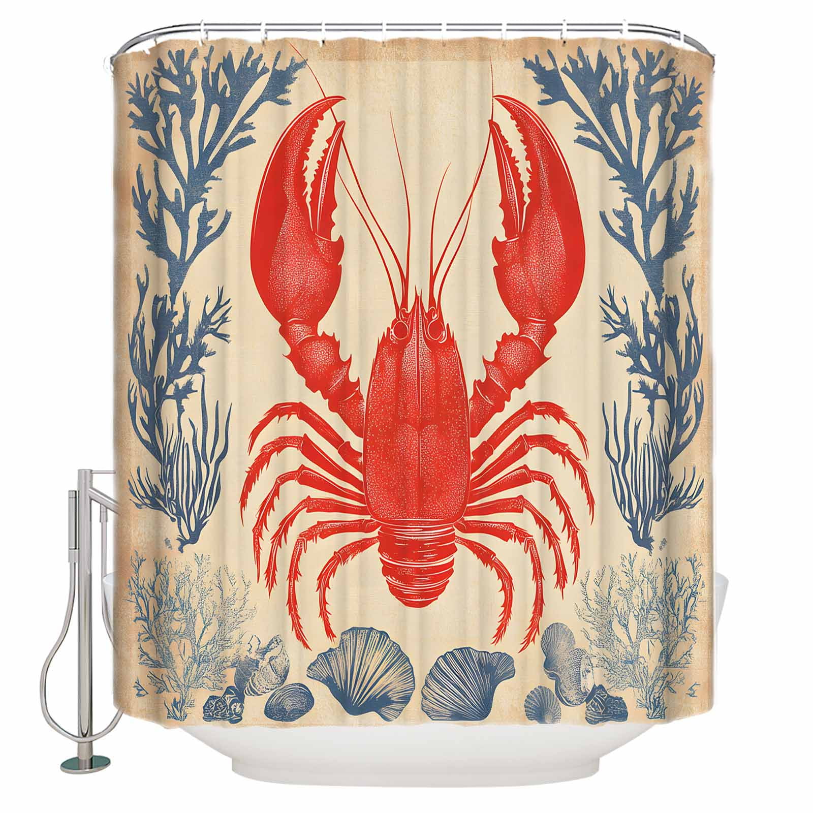 Lobster Coastal Bathroom Shower Curtains with 12 Hooks Polyester ...
