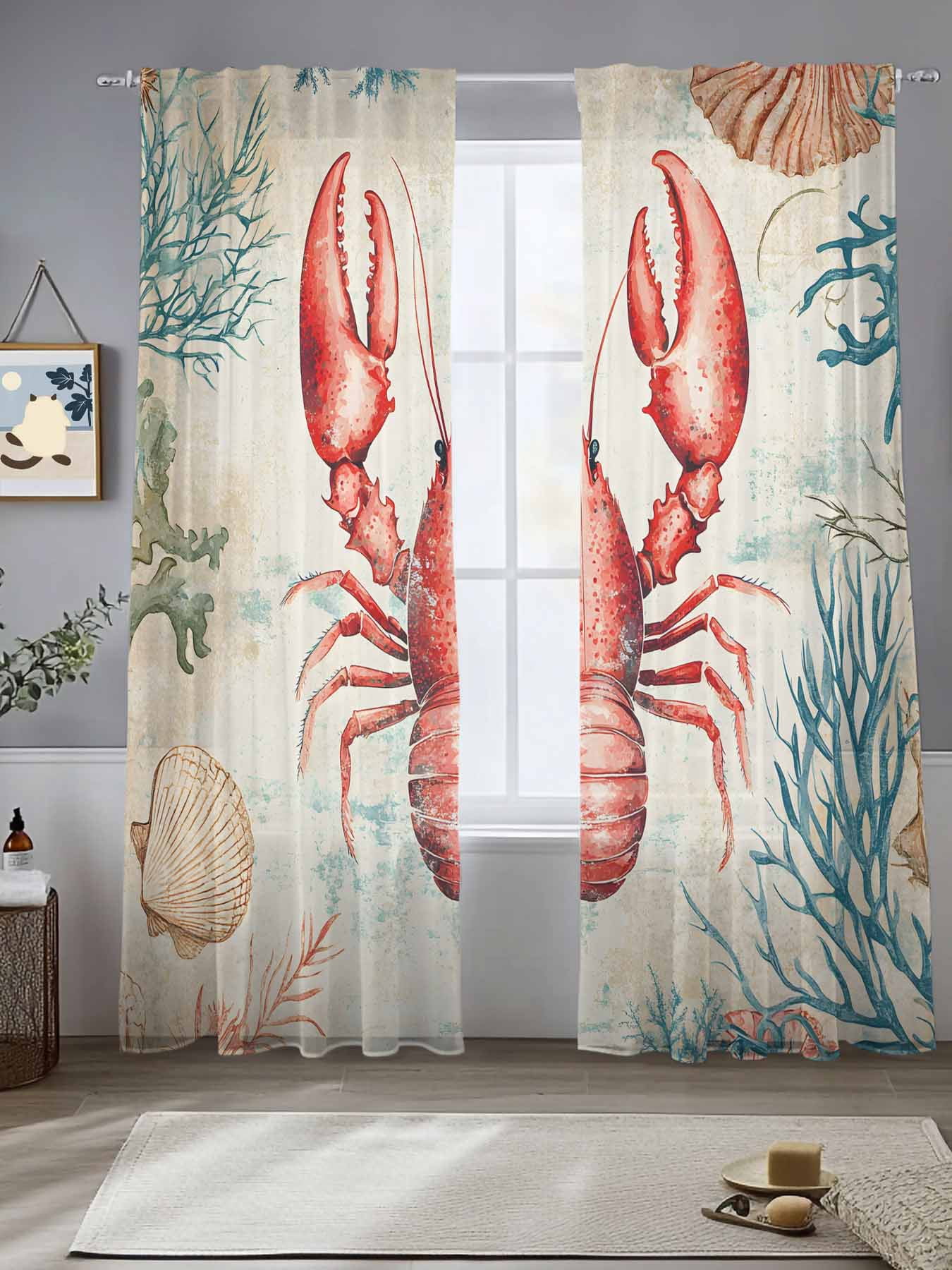 Lobster Coastal Sheer Curtains for Living Room Bedroom Nautical Beach ...