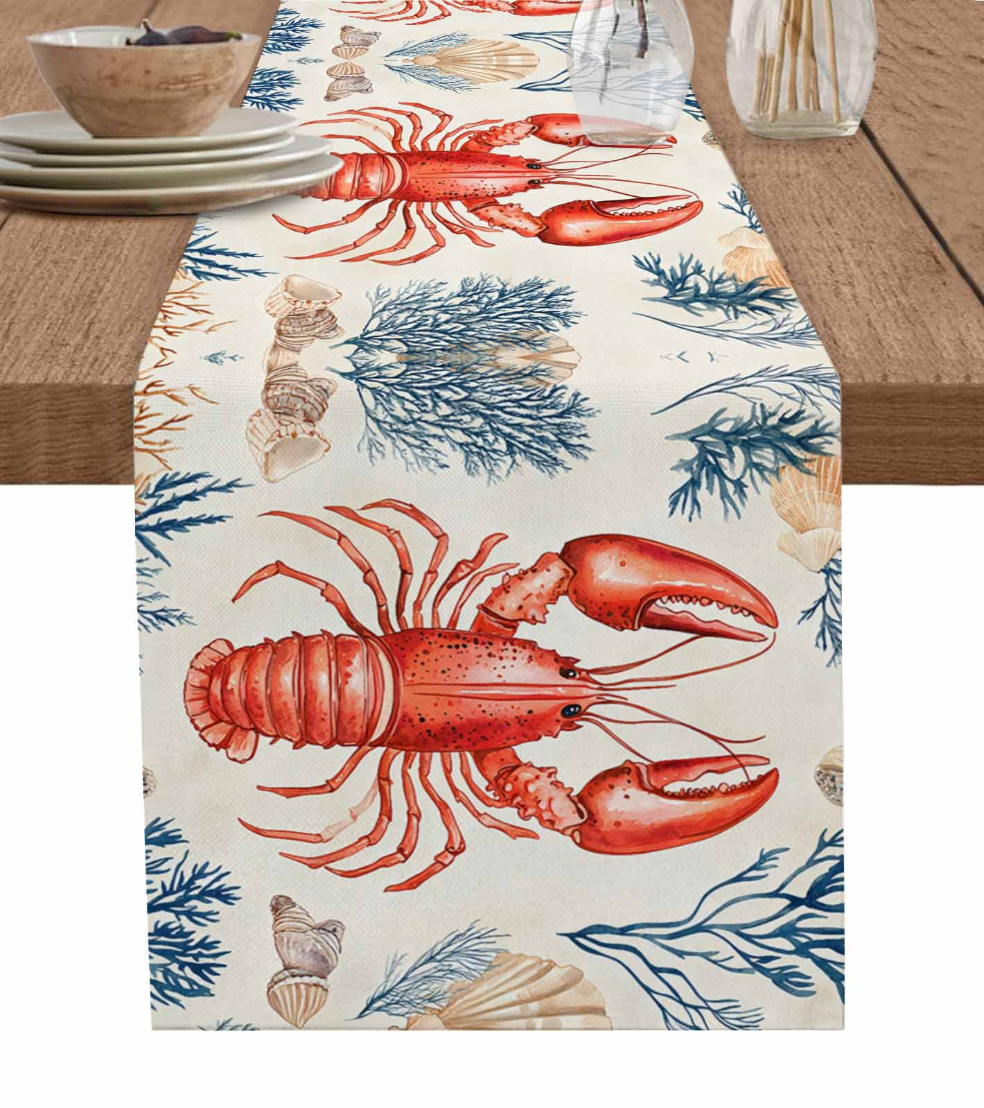 Lobster Coastal Table Runner 60 Inches, Summer Beach Coral Shell ...