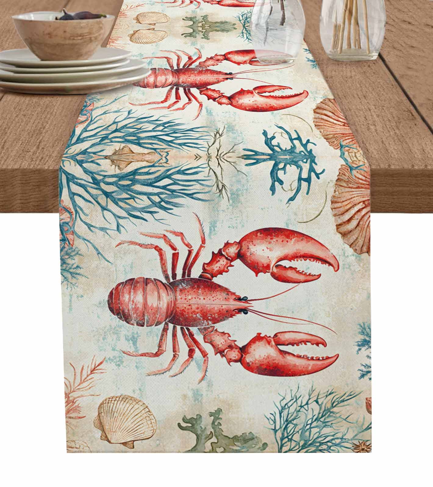 Lobster Coastal Table Runner 72 Inches, Nautical Beach Coral Shell ...