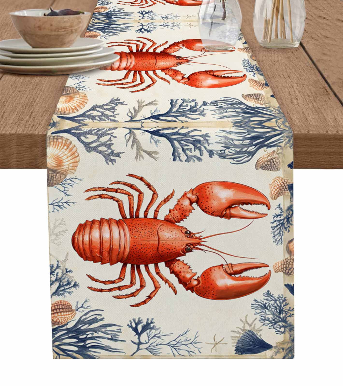 Lobster Coastal Table Runner 72 Inches, Summer Beach Nautical Coral ...