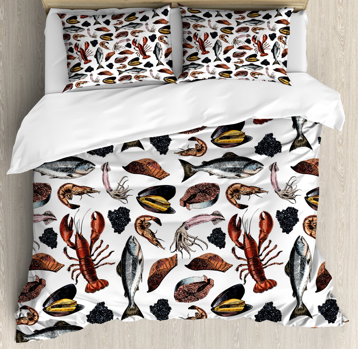 Lobster Duvet Cover Set Queen Size, Vintage Delicious Seafood Elements ...