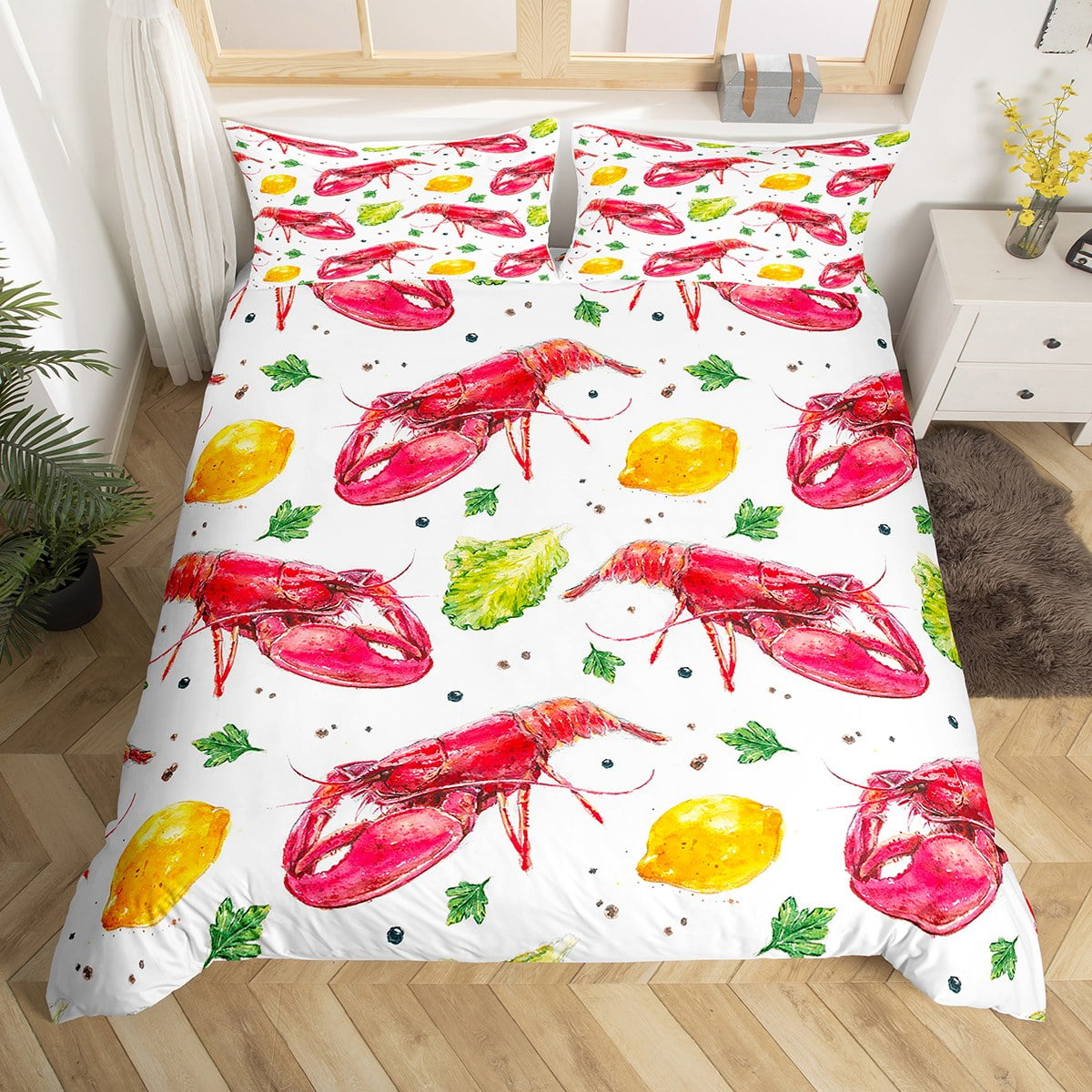 Lobster Duvet Cover Twin Lemon Bedding Set Aquatic Seafood Wild Animal ...