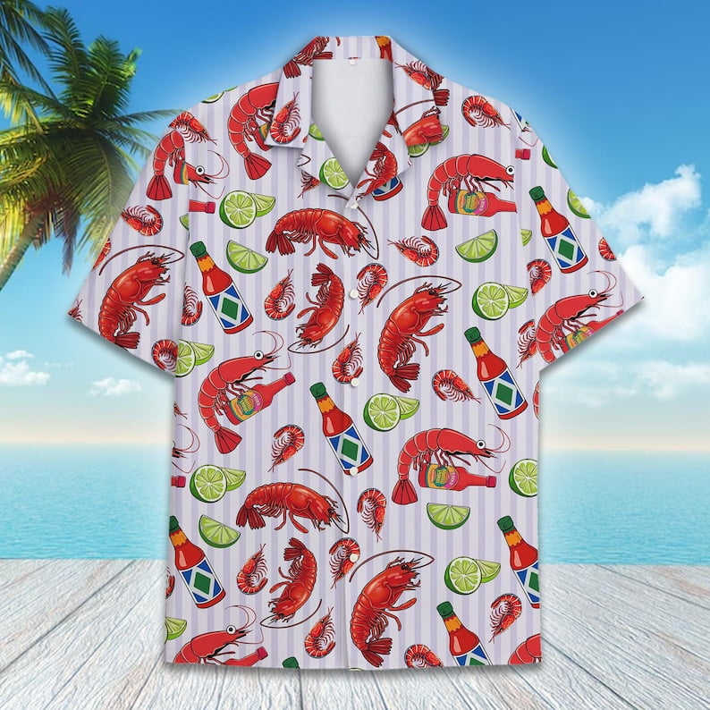 Lobster Hawaiian Shirt, Fun Seafood Beach Party Shirt with Hot Sauce & Lime Print, Summer ...
