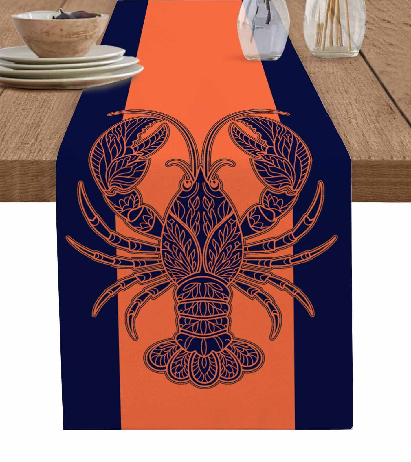 Lobster Navy Blue Table Runner 72 Inches, Boho Tropical Orange Stripe ...