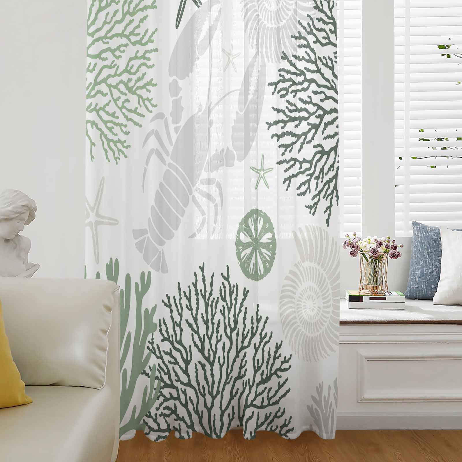 Lobster Ocean Window Curtain 96 Inches Long,Sage Green Coral Grey ...