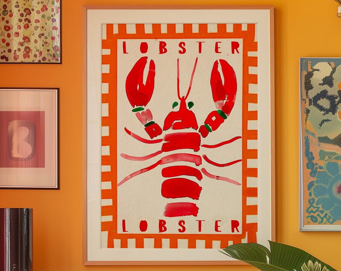 Lobster Poster, Eclectic Maximalist Art, Orange Wall Art, Kitchen Wall ...