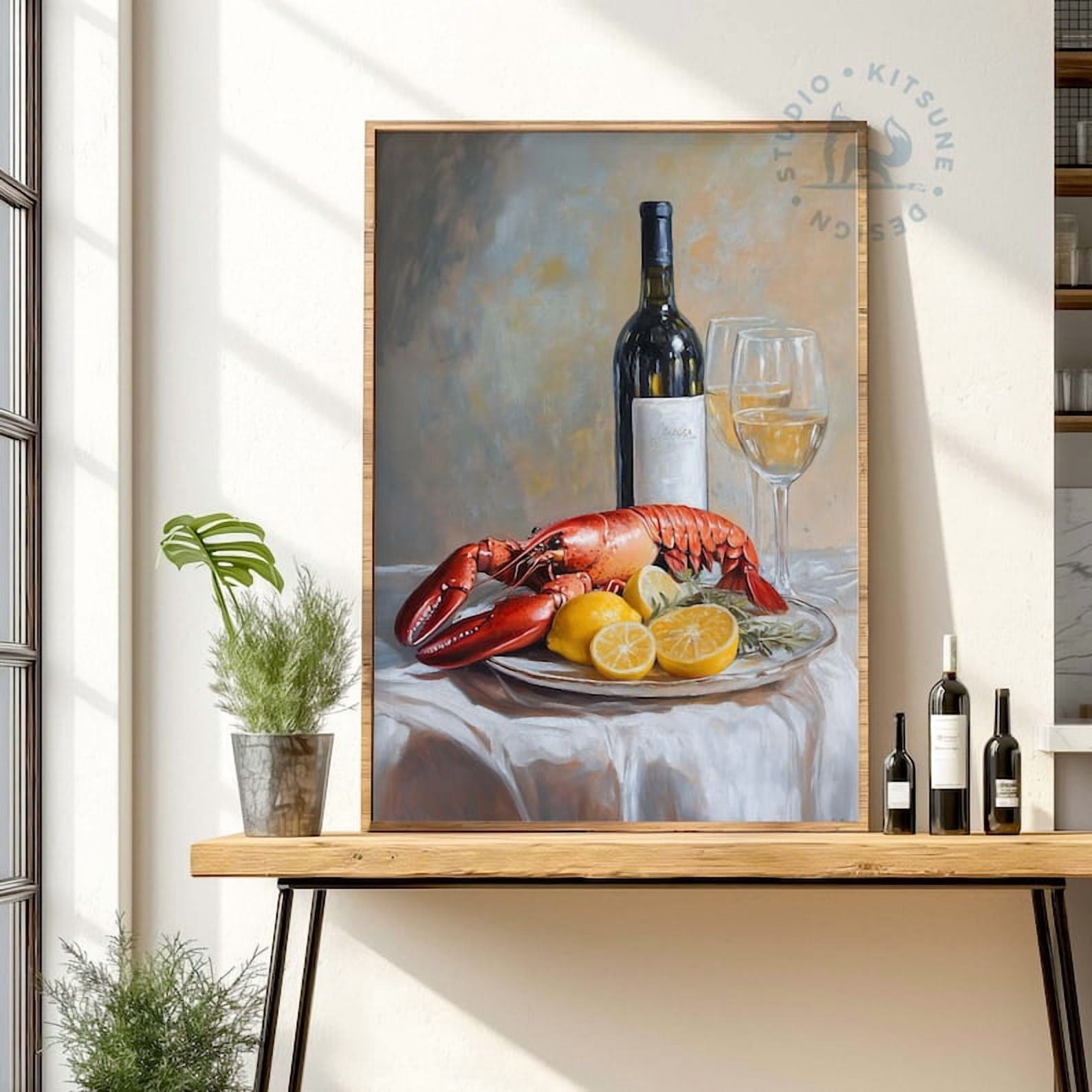 Lobster Wine Wall Art Vintage Coastal Kitchen Decor Gift Rustic Seaside ...