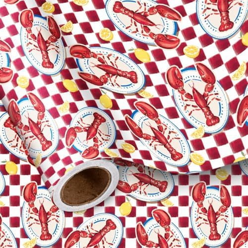 Lobster Wrapping Paper Roll, Lobsters Lemons with Red White Checkered ...