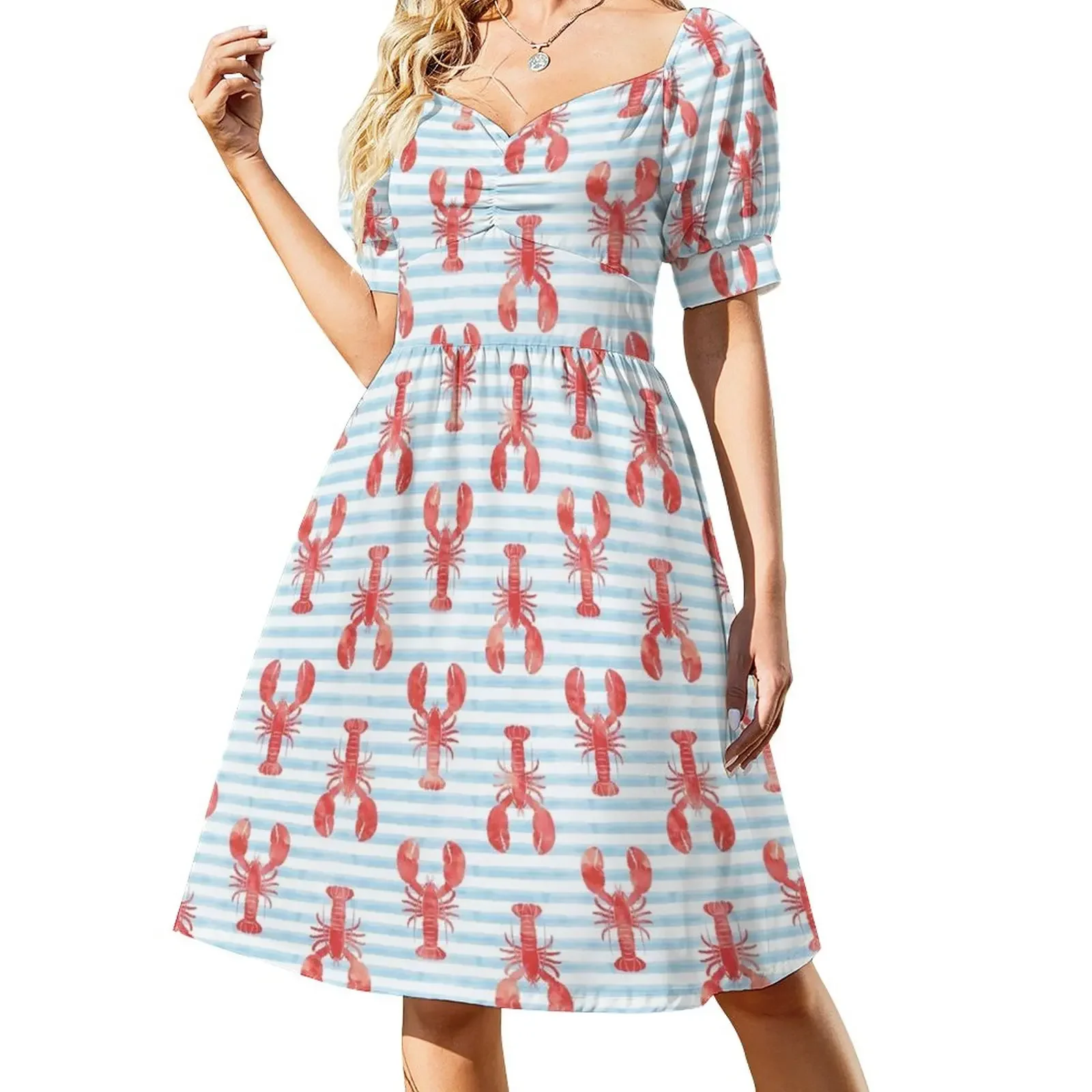Lobsters on blue stripes ShortSleeved Dress Party dresses festival ...