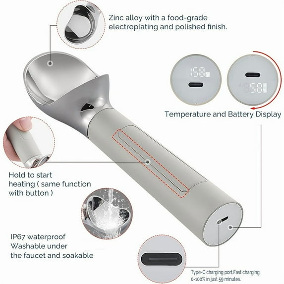 Local Handheld Electric Heated Ice Cream Scoop, 158°F Rechargeable LED ...