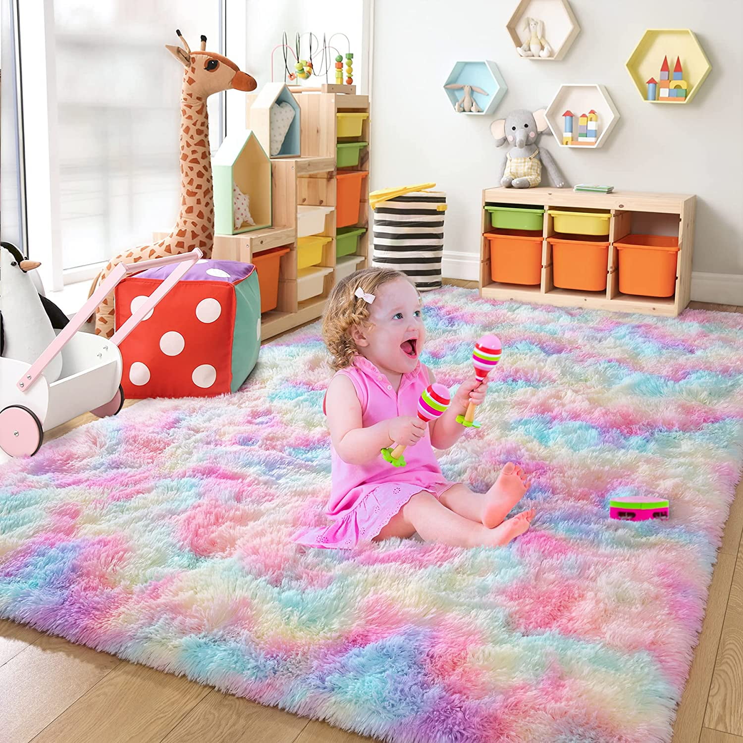Lochas Cute Rainbow Area Rug Fluffy Colorful Carpet Soft Rugs for ...