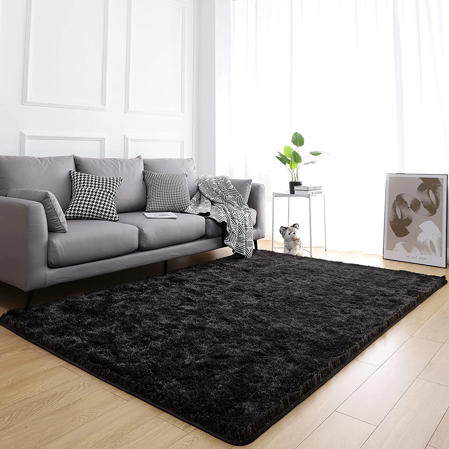 Lochas Fluffy Shaggy Rug, Large Furry Velvet Carpet, 5'x8', Black ...