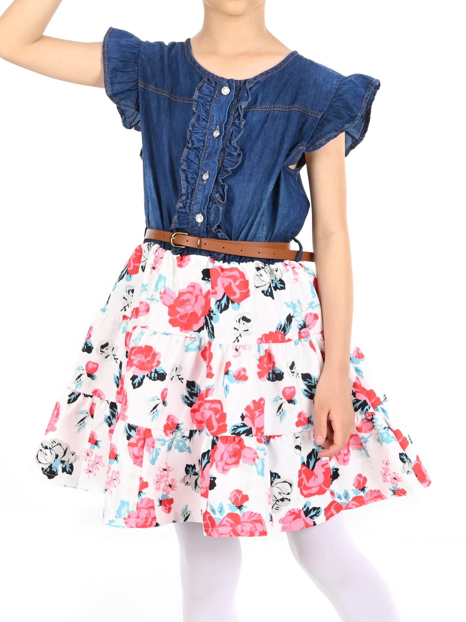 Lochas Girls Denim Dresses Floral Swing Skirt A-Line Ruffle Casual ...