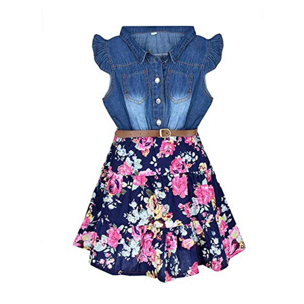 Lochas Girls Dresses Denim Floral Swing Skirt with Belt Girls Fashion ...