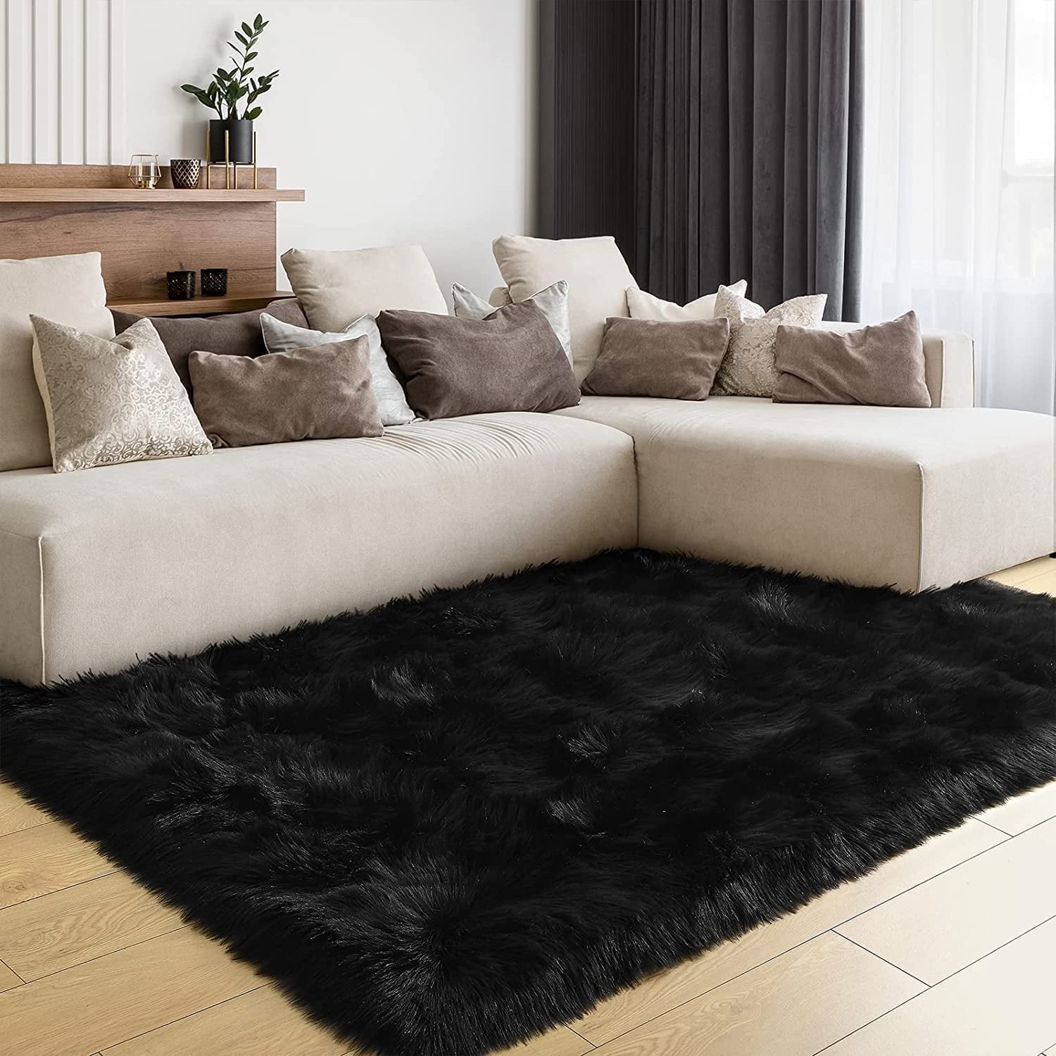 Lochas Soft Faux Sheepskin Area Rug, Shaggy Plush Carpet, 3'x5', Black ...