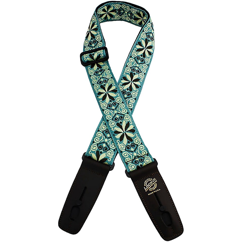Lock-It Straps Jacquard 2" Locking Guitar Strap Teal with Cream Flowers ...