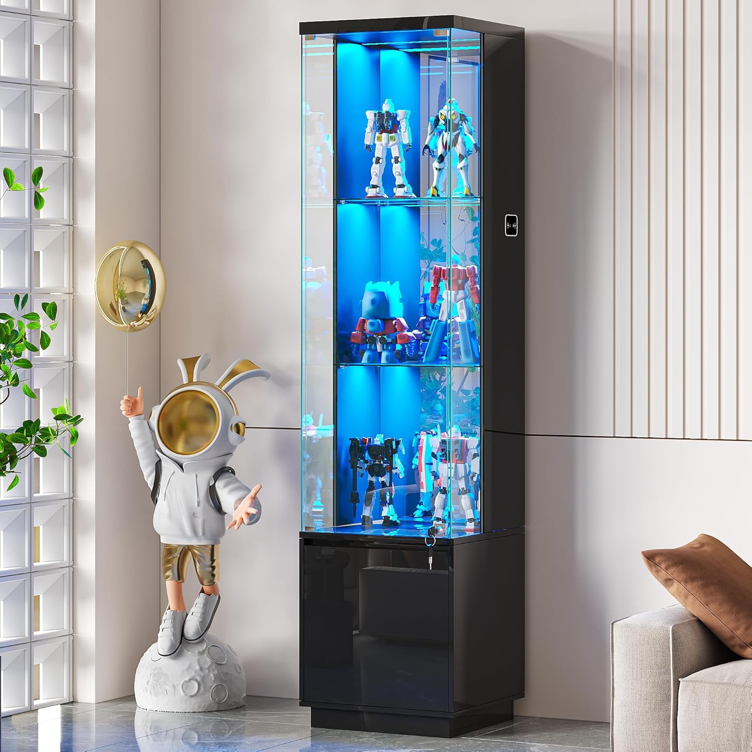 Lockable Curio Display Cabinet with Glass Door,65" Lighted Curio ...