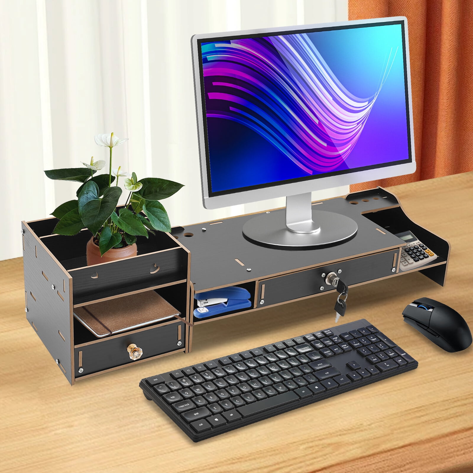 Lockable Drawer Monitor Riser 180 Rotation Black Computer Monitor ...