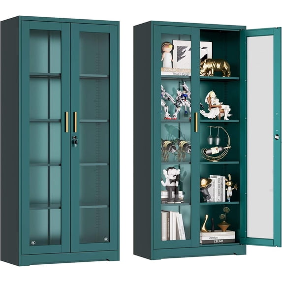 Lockable Glass Display Cabinet with 4 Adjustable Shelves, Metal Curio ...