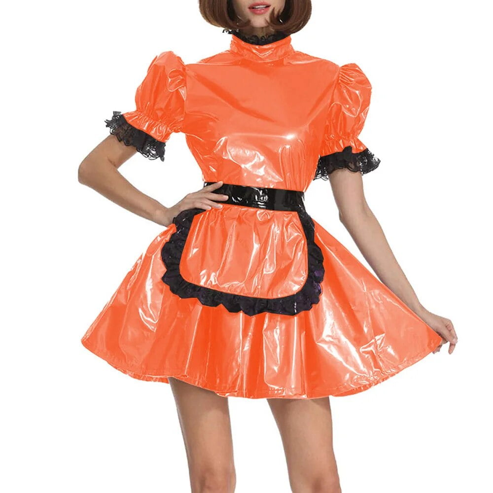Lockable Lace Trims A-line PVC Shiny Maid Dress Exotic Short Puff ...