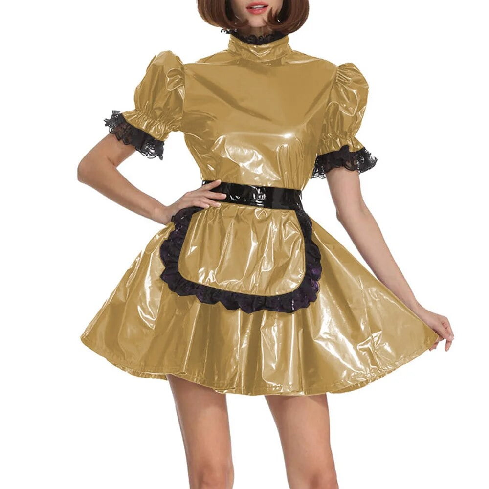 Lockable Lace Trims A-line PVC Shiny Maid Dress Exotic Short Puff ...