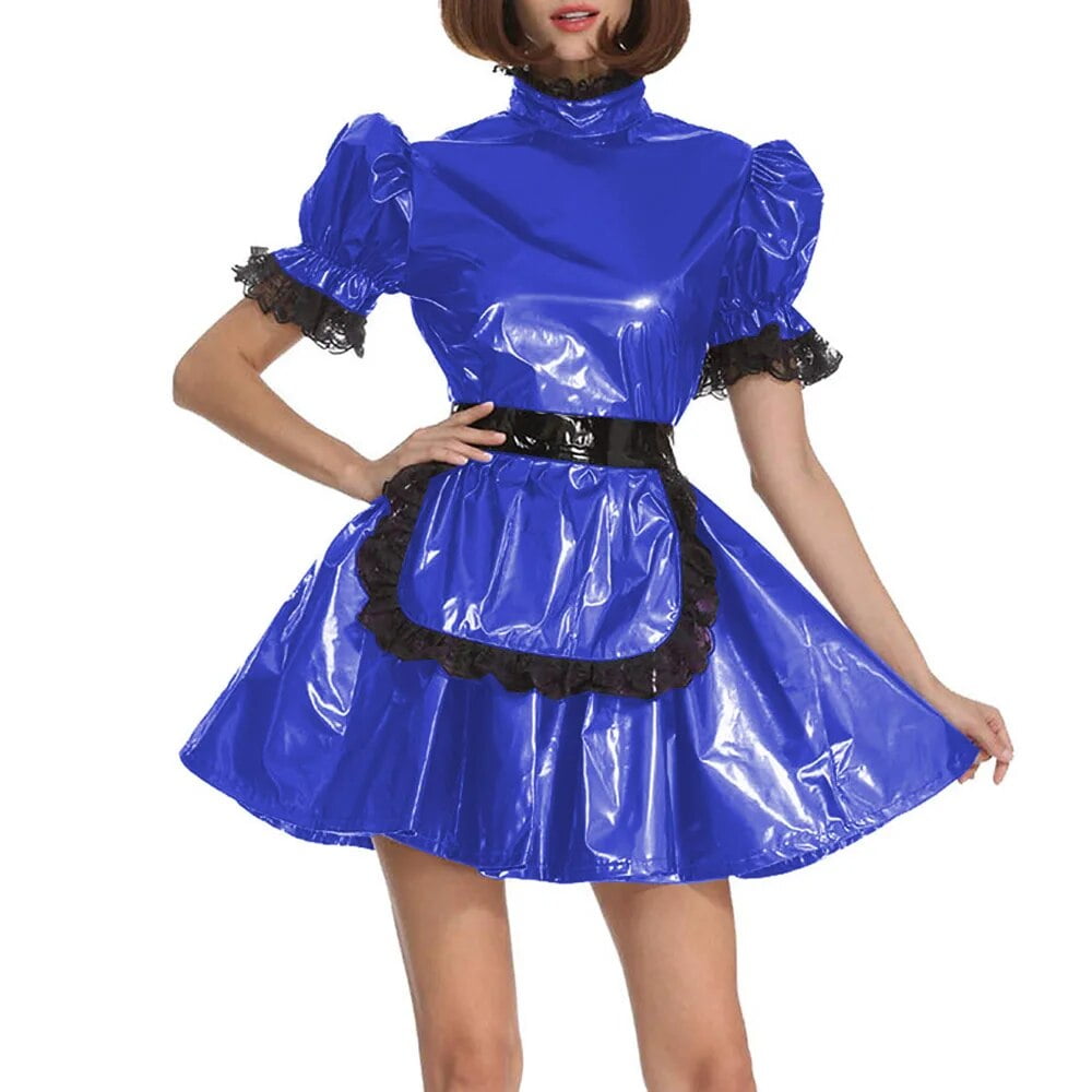 Lockable Lace Trims A-line PVC Shiny Maid Dress Exotic Short Puff ...