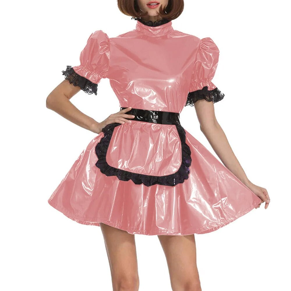 Lockable Lace Trims A-line PVC Shiny Maid Dress Exotic Short Puff ...