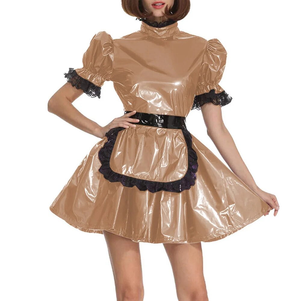 Lockable Lace Trims A-line PVC Shiny Maid Dress Exotic Short Puff ...