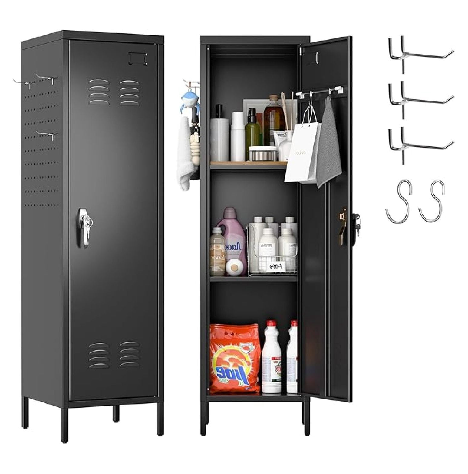 Lockable Metal Lockers with Handle,Metal Storage Locker with 2 Pegboard ...