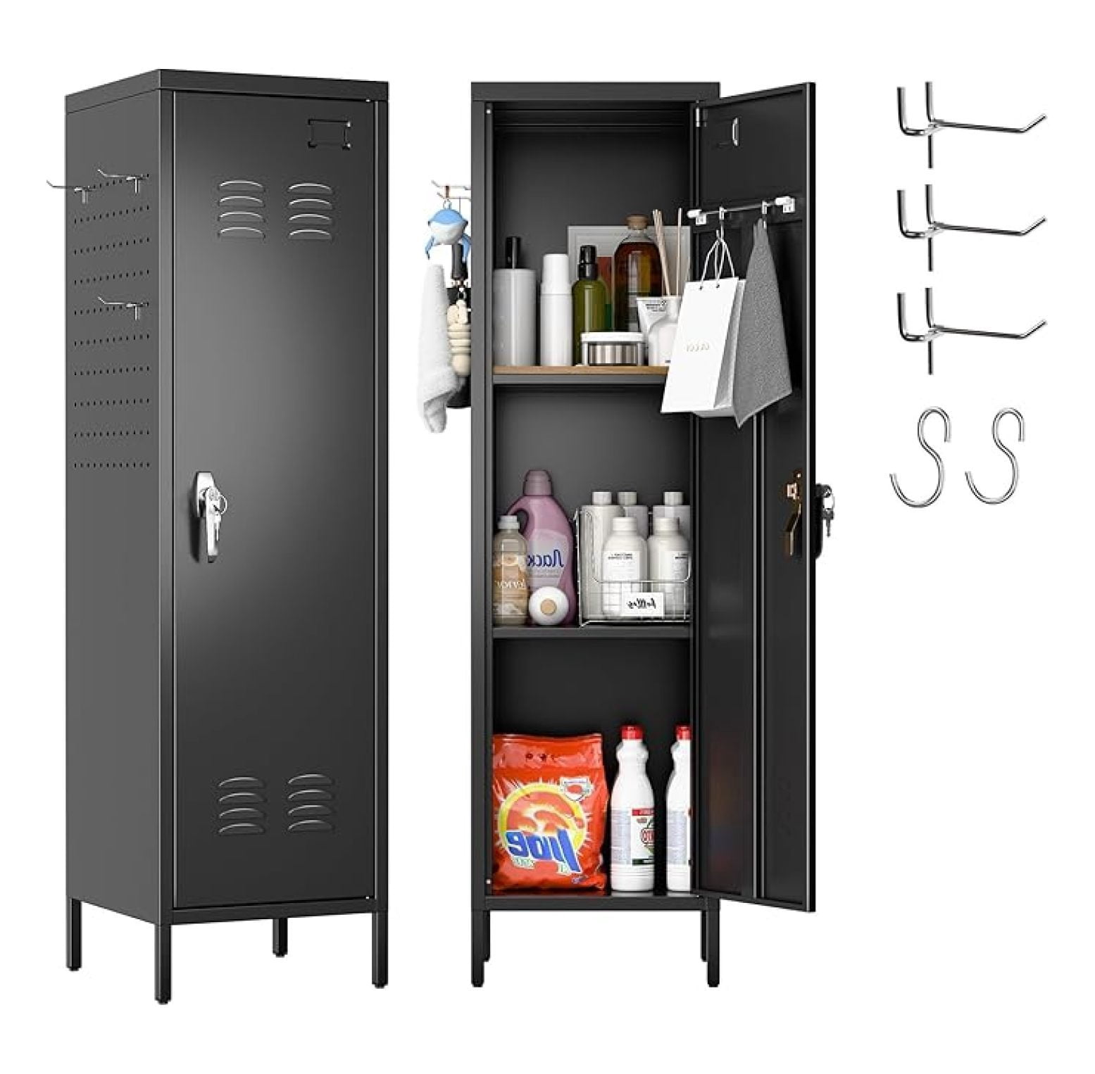 Lockable Metal Lockers with Handle,Metal Storage Locker with 2 Pegboard ...