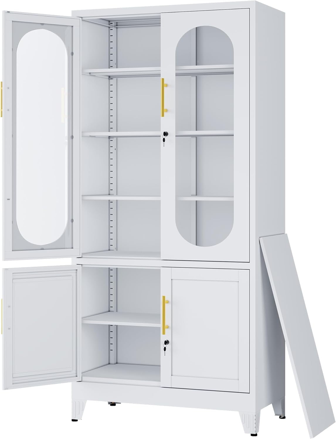 Lockable Metal Storage Cabinet with Glass Doors & Shelves - Steel Tall ...