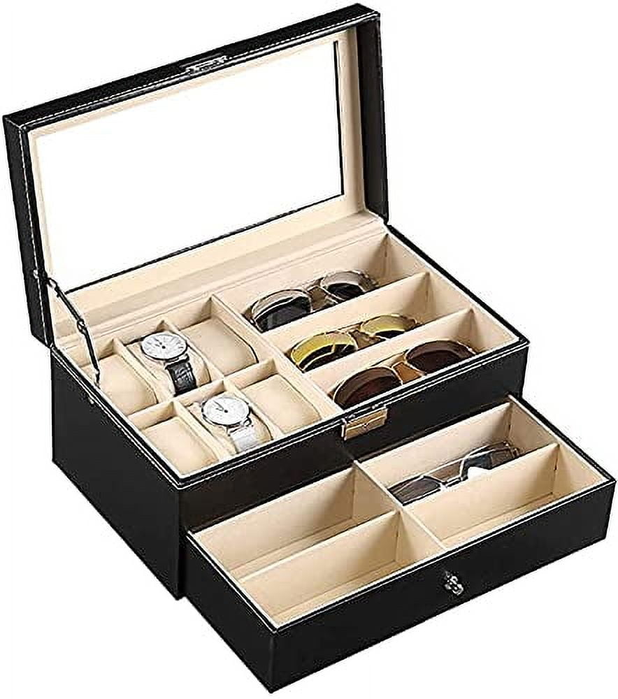 Lockable PU Leather Watch Storage Box 2-Tier, 6 Watch & 9 Eyeglasses ...