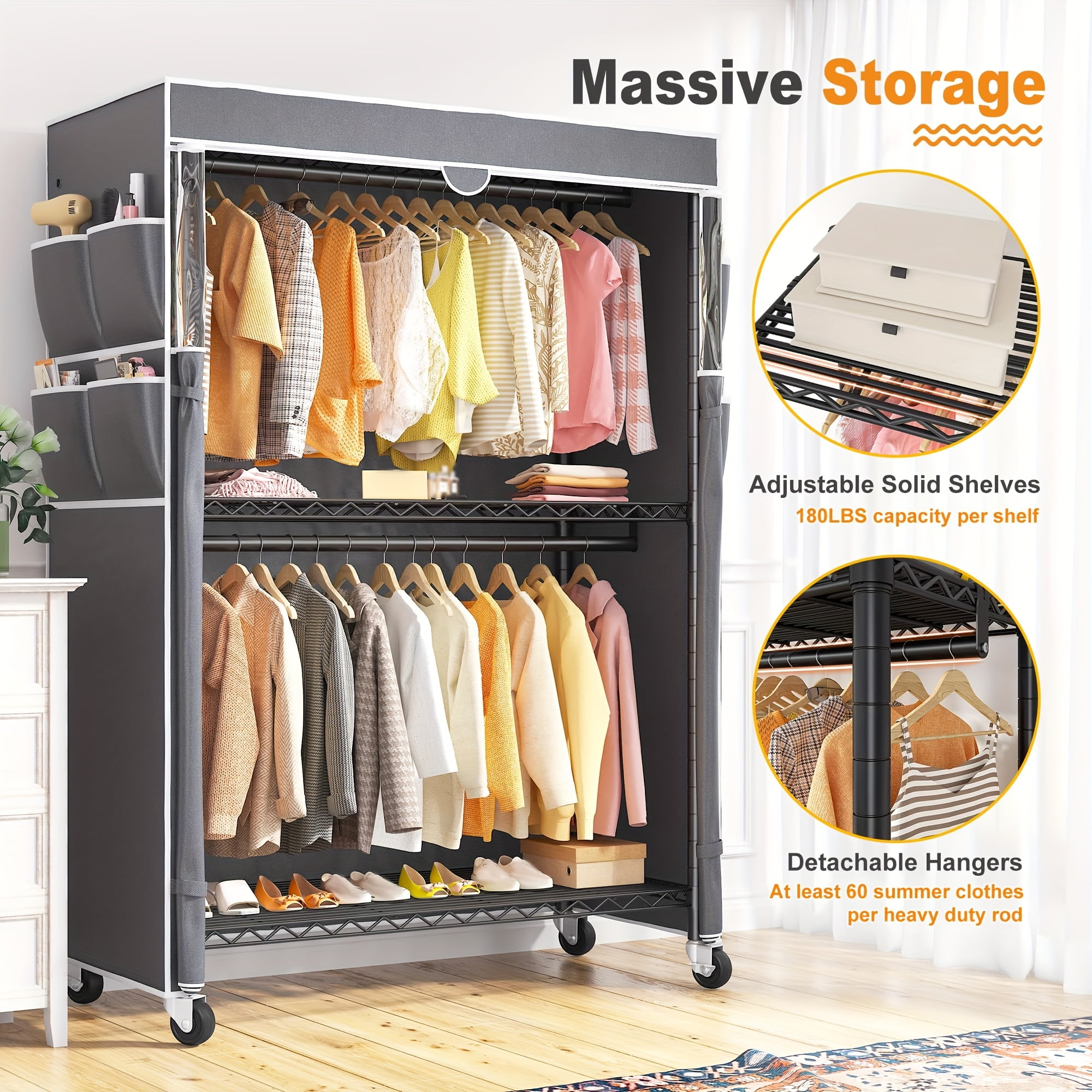 Lockable Rolling Garment Rack with Removable Dust Cover, Heavy Duty ...