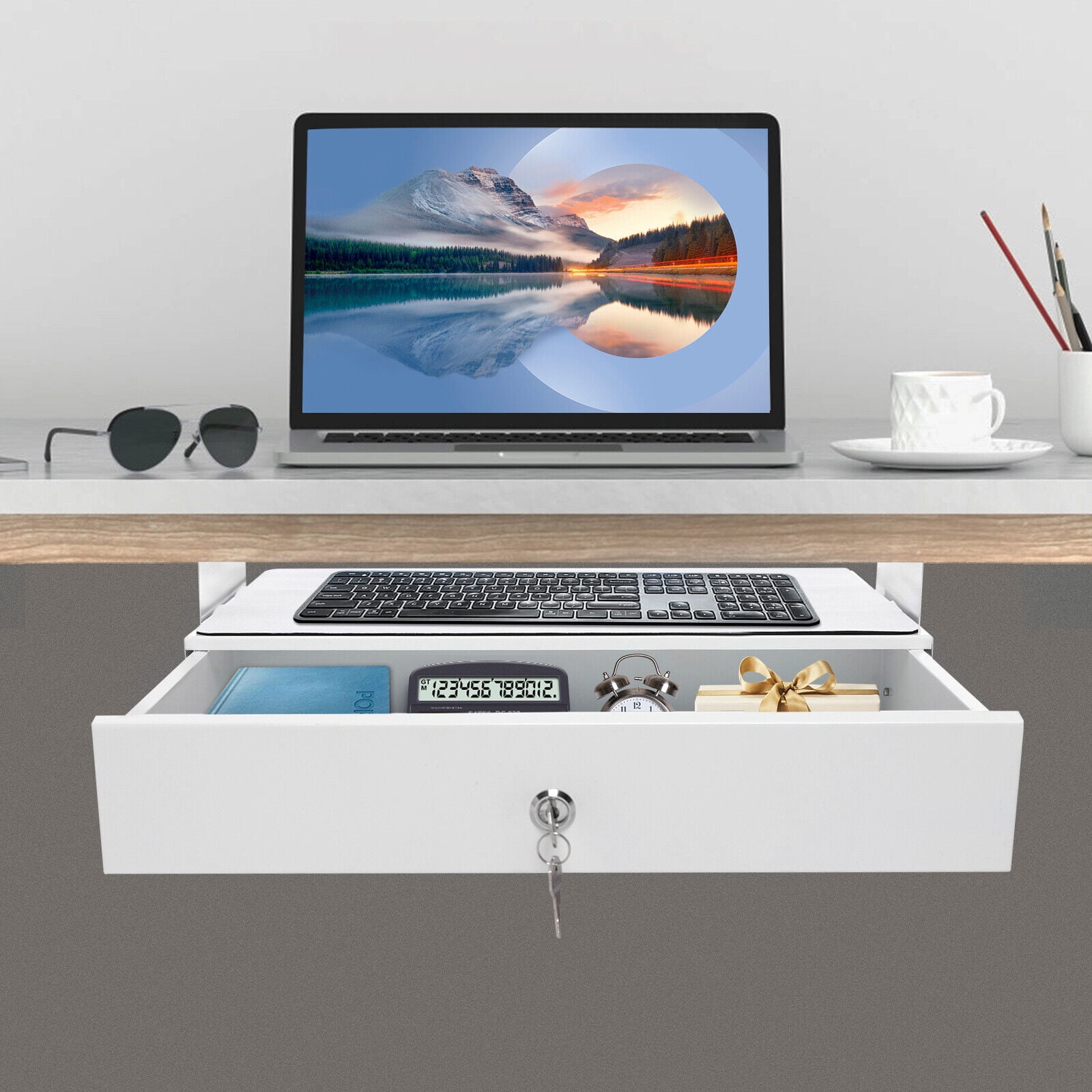 Lockable Sliding Underdesk Drawers Organiser Metal Pull Out Storage ...